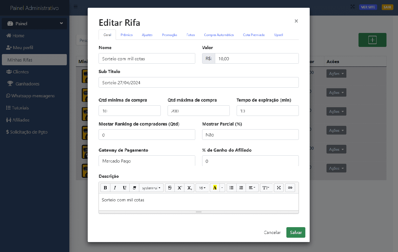 Script Rifa Premium em Php Laravel - 1 Milhão de Números e Afiliados